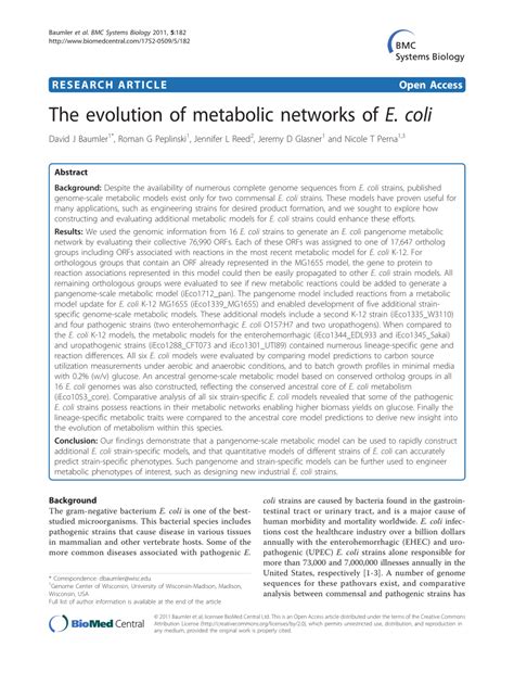 Pdf The Evolution Of Metabolic Networks Of E