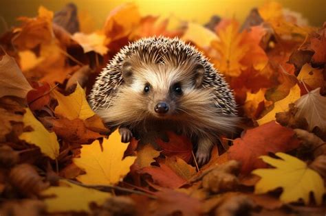 Premium Ai Image Cute Hedgehog Sits In Autumn Leaves