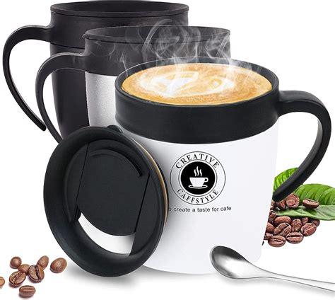 مج حراري للسفر من ستانلس ستيل معزول بالفراغ بمقبض وغطاء ومعلقة صغيرة