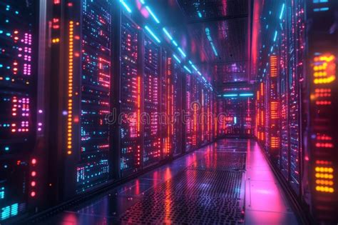 Futuristic Server Room Blinking With Neon Lights In Data Center Stock