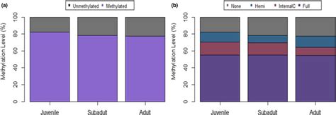 percent dna methylation per age group for batch 1 samples plot a