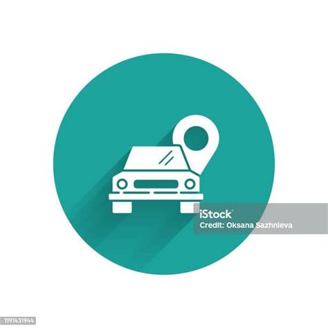 白色地圖指標與計程車圖示隔離與長陰影位置符號綠色圓圈按鈕向量插圖向量圖形及更多互聯網圖片 互聯網 交通方式 人 Istock