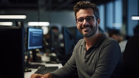 Premium Photo Cheerful Programmer Man Wearing Eyeglasses Working With
