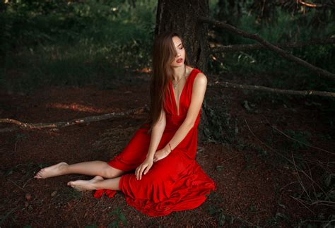 Model Woman Girl Red Dress Long Hair Brunette Wallpaper Coolwallpapersme