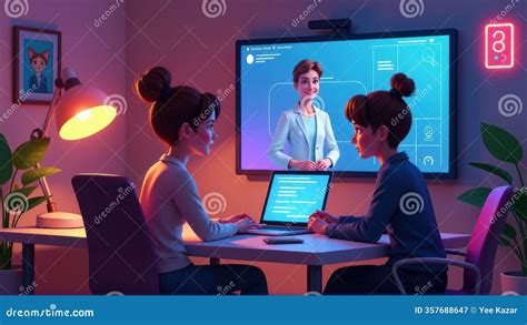 Online Education Two Cartoon Girls Attending A Virtual Class Stock Illustration Illustration