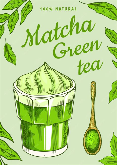 잎 말차 녹차 포스터 프리미엄 벡터