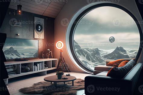 Generative Ai Illustration Of Comfy Living Room From The Year 2050