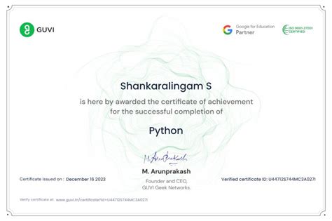 Shankaralingam S On Linkedin Achievement Python Guvi Programming