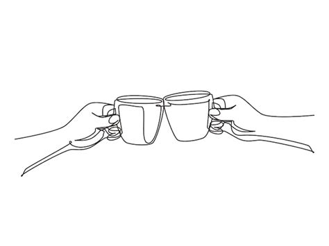 Premium Vector Single Continuous Line Drawing Hands With Cups Of Hot Coffee Or Hot Tea Clink