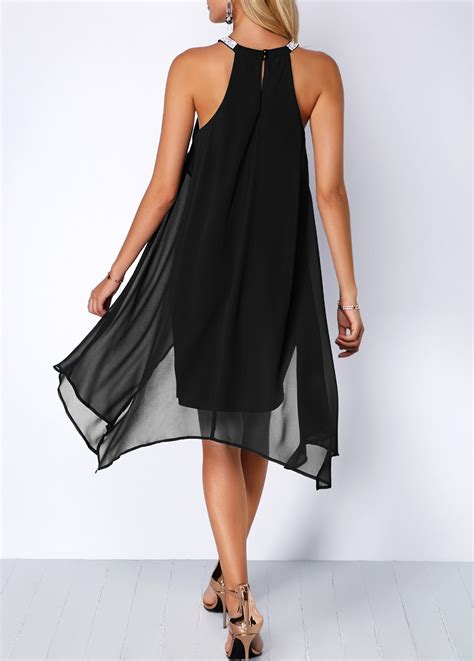 Embellished Neck Asymmetric Hem Black Chiffon Dress Modlily USD 36 98