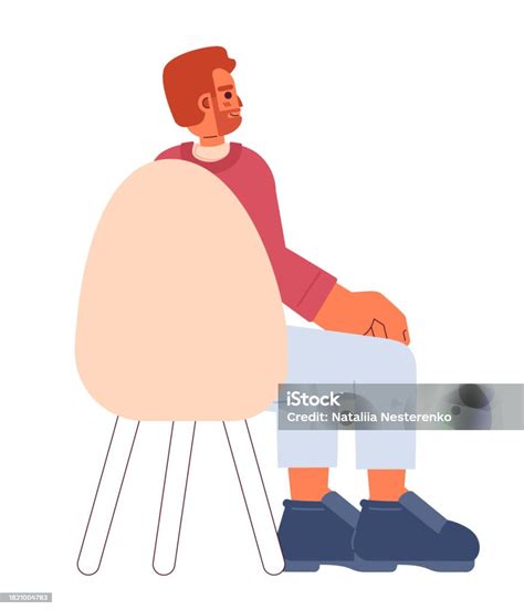 턱수염을 기른 유럽 남자가 의자 뒷모습 2d 만화 캐릭터에 앉아 있습니다 백인 남자 밀레니엄 기업가 고립 벡터 사람 흰색 배경