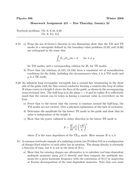 Assignment 3 Electricity And Magnetism Ii Physics 506 Docsity
