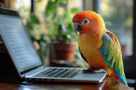 A Colorful Parrot Perches On A Laptop Keyboard Adding A Cheerful Touch To The Home Office Stock