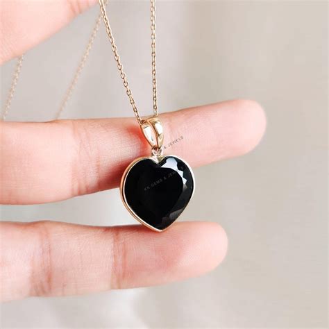 Natural Black Onyx Heart Pendant 14k Solid Yellow Gold Pendant Onyx