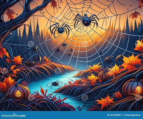 Creepy Halloween Spider Web Illustration Eerie And Intricate Design With Insects Stock Image