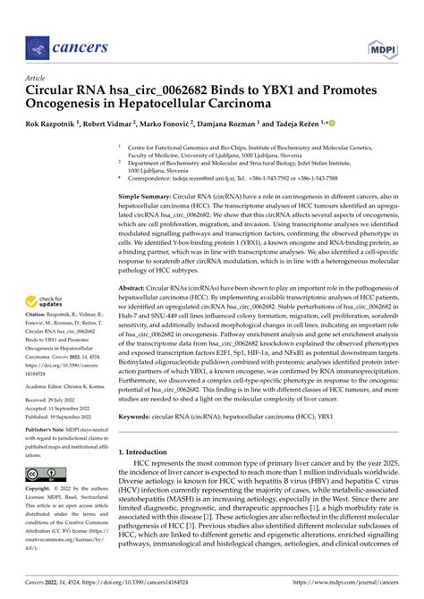PDF Circular RNA Hsa Circ 0062682 Binds To YBX1 And Promotes