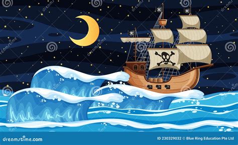 Ocean Scene At Night With Pirate Ship In Cartoon Style Stock Vector