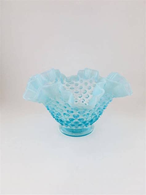Hobnail Blue Opalescent Crimped Edge Bowl By Fenton By