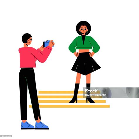 전문 사진 사진 촬영 및 패션 모델링을 상징하는 평면 벡터 일러스트 레이 션에서 단계에서 포즈를 취하는 여성 모델의 사진을 찍는