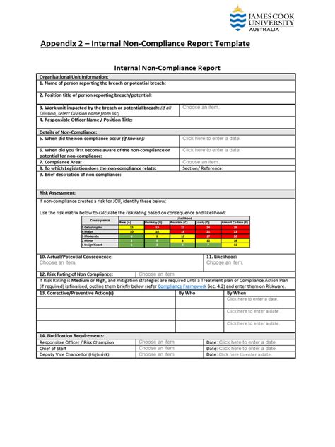 Appendix 2 Internal Non Compliance Report Template Pdf Risk Regulatory Compliance