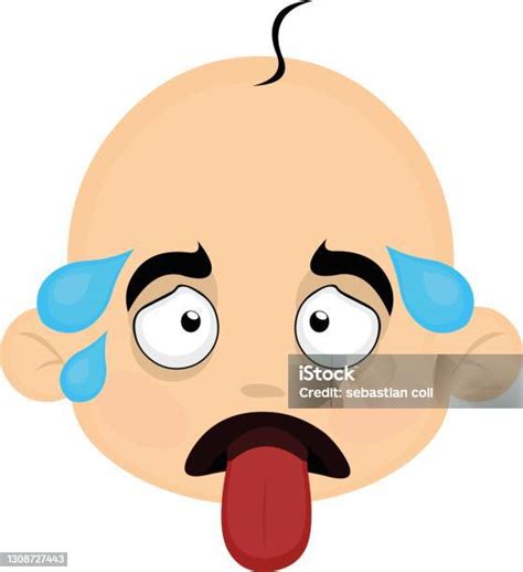 아기의 머리가 지친 표정을 가진 벡터 이모티콘 일러스트 만화 혀가 꺼지고 입이 열리고 뜨겁고 목마른 목마른에 대한 스톡 벡터