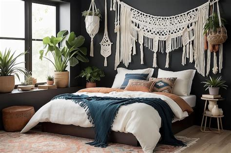 Premium Photo Bohemianstyle Bedroom With Macrame Wall Hangings And