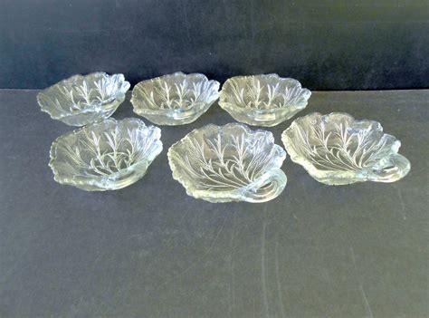 Vintage Clear Glass Leaf Shape Dishes Set Of 6 Ice Cream Dessert