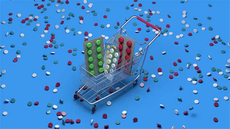 구매 및 쇼핑 의학 개념 파란색 배경에 상점 트롤리에 다양한 캡슐 정제 및 의약품 공간을 복사합니다 3d 일러스트레이션 3차원 형태에 대한 스톡 사진 및 기타 이미지