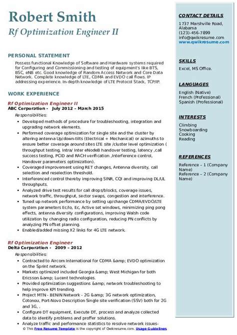 10 rf optimization engineer resume samples and templates for 2025
