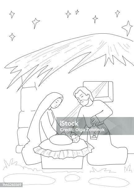 ฉากการประสูติคริสต์มาสระบายสีการ์ตูนกับทารกพระเยซูมารีย์และโยเซฟในรางหญ้าและดาวด้านบน ภาพประกอบ