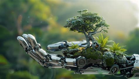 highly detailed robotic hand holding a miniature ecosystem with tree