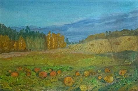 Купити картину Гарбуз на городі в жанрі сільський пейзаж олійними фарбами на двп в стилі