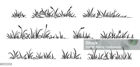 Grass Doodle Sketch Style Set Hand Drawn Grass Field Outline Scribble