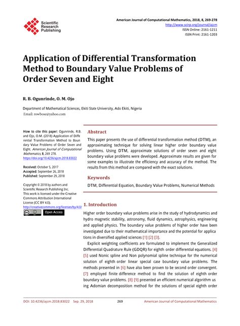Pdf Application Of Differential Transformation Method To Boundary Value Problems Of Order