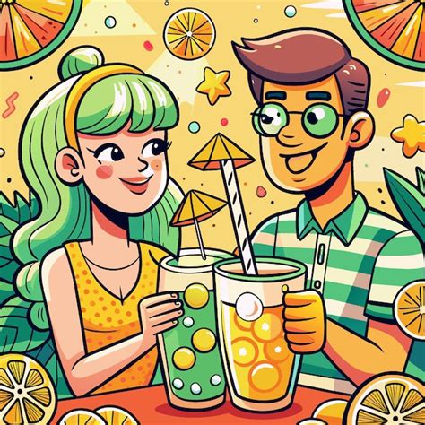 한 부부가 함께 술을 마시는 만화 일러스트레이션 프리미엄 벡터