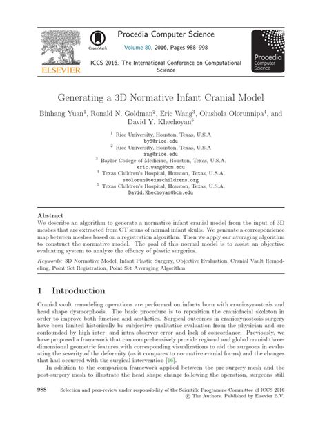 2016generating A 3d Normative Infant Cranial Model Pdf 3 D