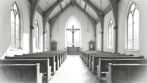 Serene Pencil Sketch Christian Church Interior Stained Glass Windows