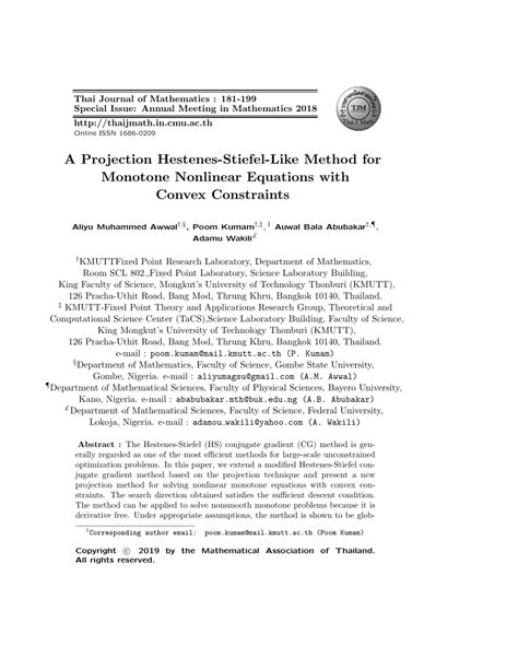 Pdf A Projection Hestenes Stiefel Like Method For Monotone Nonlinear