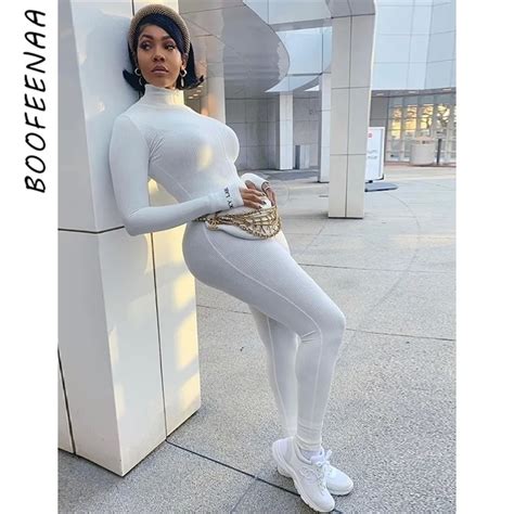 Boofeenaa Knitted Embroidered Bodycon Jumpsuit Seamless With Turtleneck