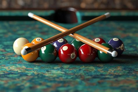 Billiard Setup With Colorful Balls And Crossed Wooden Pool Cues On