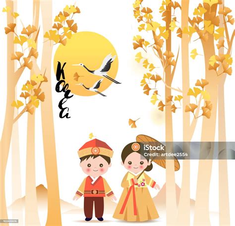 귀여운 여자와 소년 태양 산 새 새 해 카드 축제 배너 인쇄가 Backgroundvector 만화 스타일 한국 전통 의상에 은행나무 Biloba 나무 아래 서 12월 31