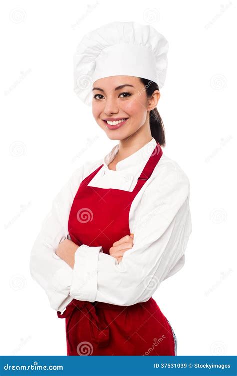 Vrolijke Zekere Jonge Vrouwelijke Chef Kok Stock Afbeelding Image Of