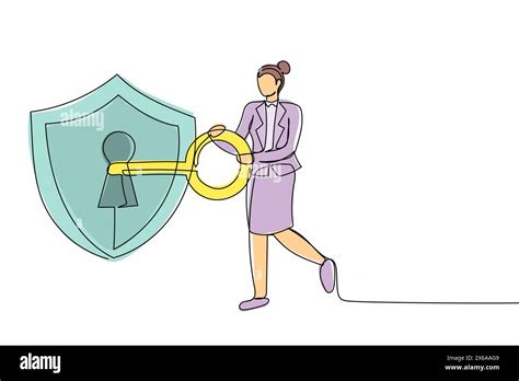 Single Continuous Line Drawing Businesswoman Put Key Into Shield Security Guard Encryption