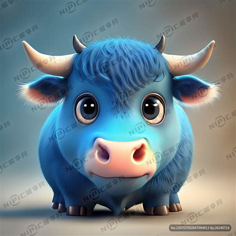 Ai创作图蓝色卡通奶牛 可爱大眼睛 开心 高清 渲染 完美光影 昵图网