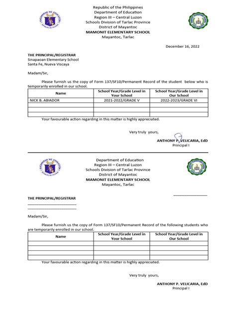 Request Letter Form 137 Permanent Record Pdf