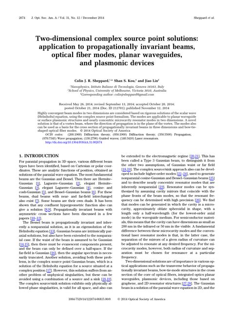 Pdf Two Dimensional Complex Source Point Solutions Application To Propagationally Invariant