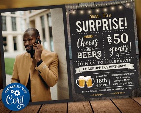 50th Cheers And Beers Surprise Birthday Party Photo Invitation FIFTY