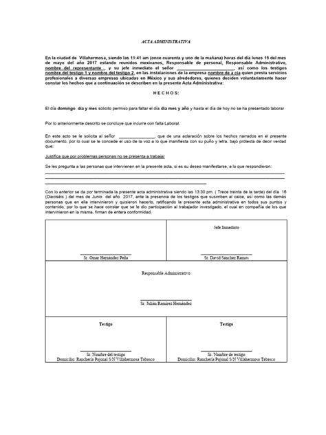 Formato De Acta Administrativa Pdf