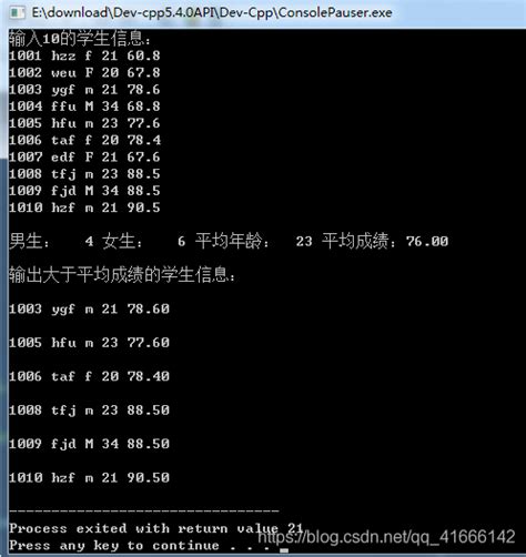 使用结构体数组统计男、女人数，计算全体学生的平均年龄、平均成绩，并将高于平均成绩的学生信息输出c语言输入10名学生的相关信息统计男生女生