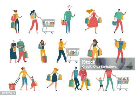 쇼핑 만화 사람들 쇼핑몰 슈퍼마켓 식료품점에서 쇼핑백을 들고 있는 남자 여성 및 가족 커플과 부모가 상점 플랫 벡터 고립 된 만화 세트에서 선물을 구입하는 아이들과 함께